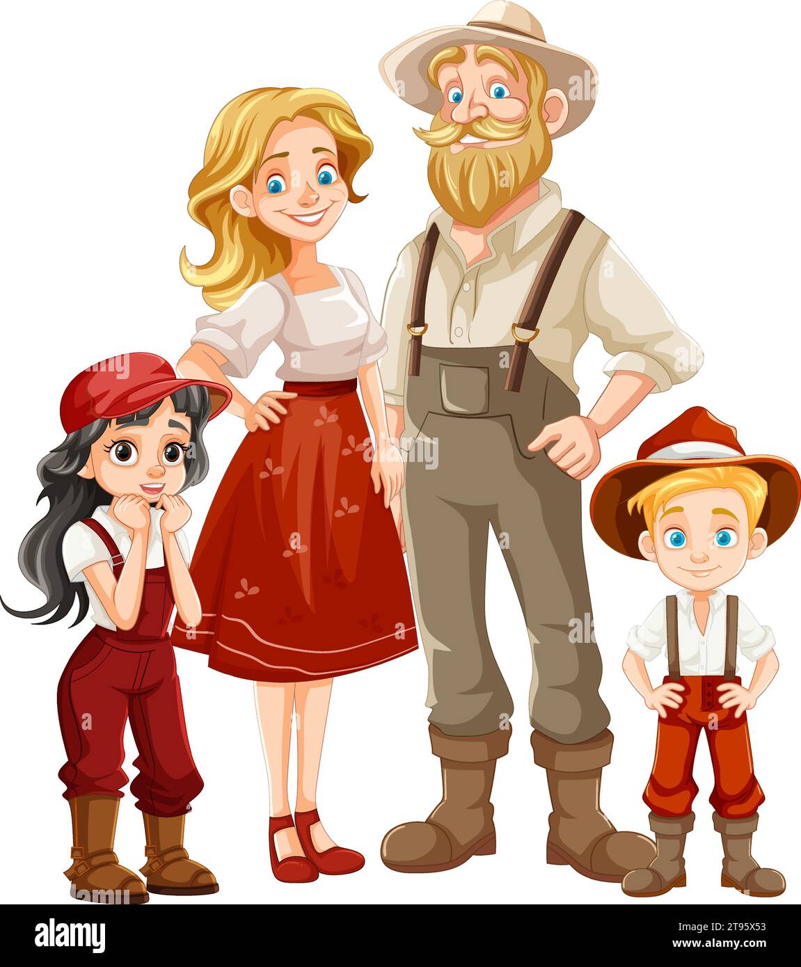 A happy family of farmers, including mother, father, daughter, and son ...