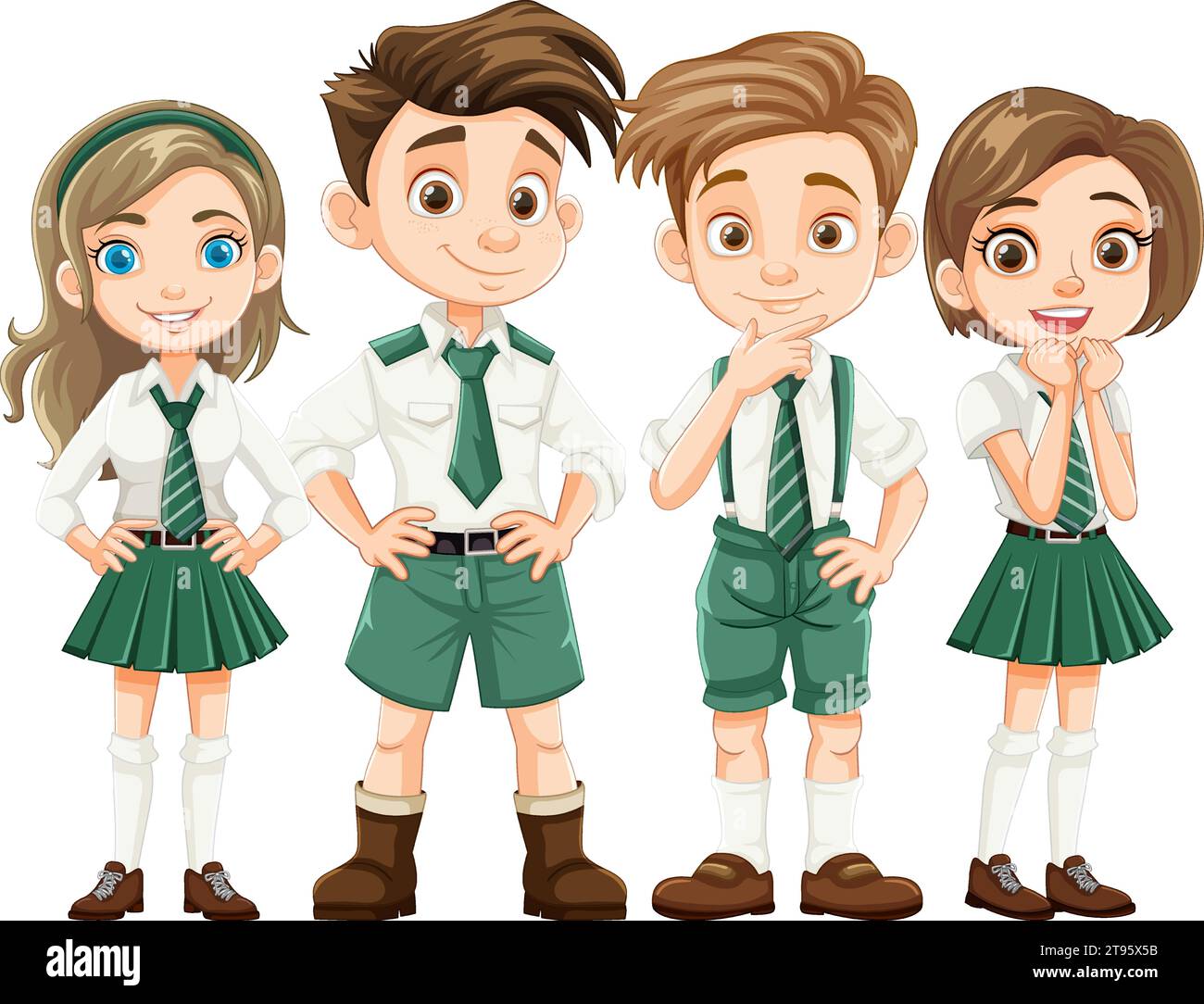 A group of students, both boys and girls, wearing uniforms in a cartoon ...