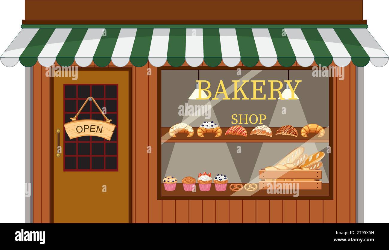 A delightful bakery shop with an inviting open wooden sign Stock Vector ...