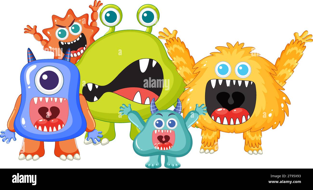 A group of cute alien monsters and their friends in a cartoon ...