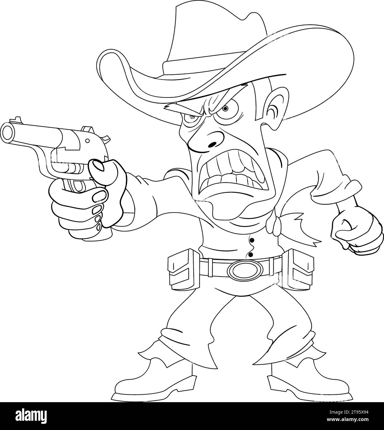 A furious cowboy with a gun, depicted in a cartoon-style outline Stock ...