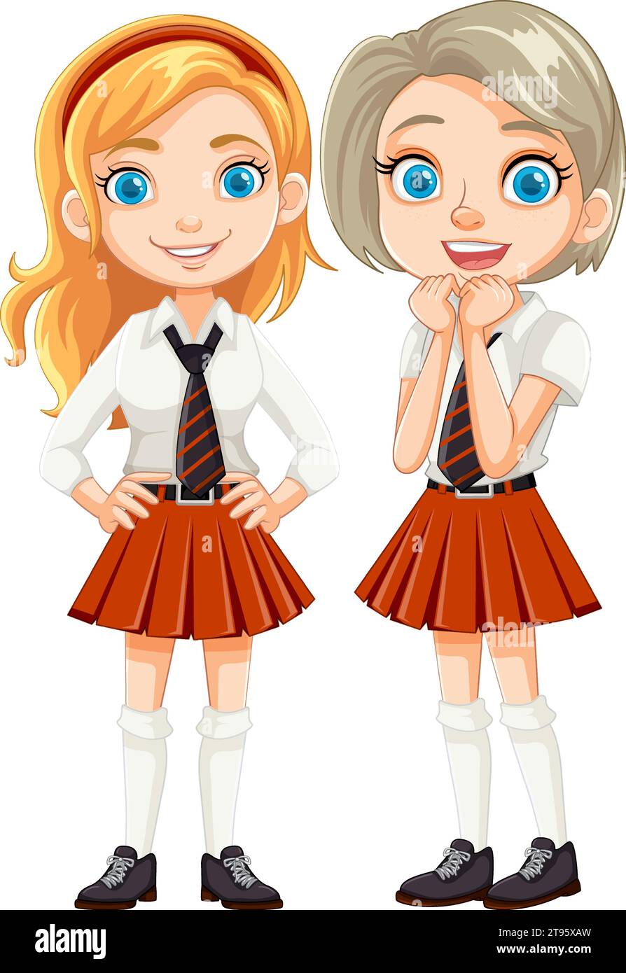 Adorable cartoon characters of two female friends in school uniforms ...