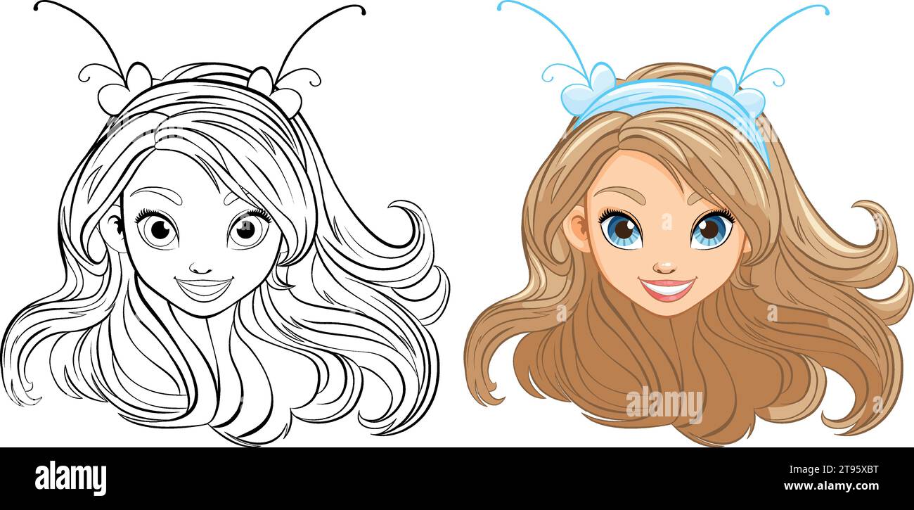 Vector cartoon illustration of a beautiful woman with long hair wearing ...