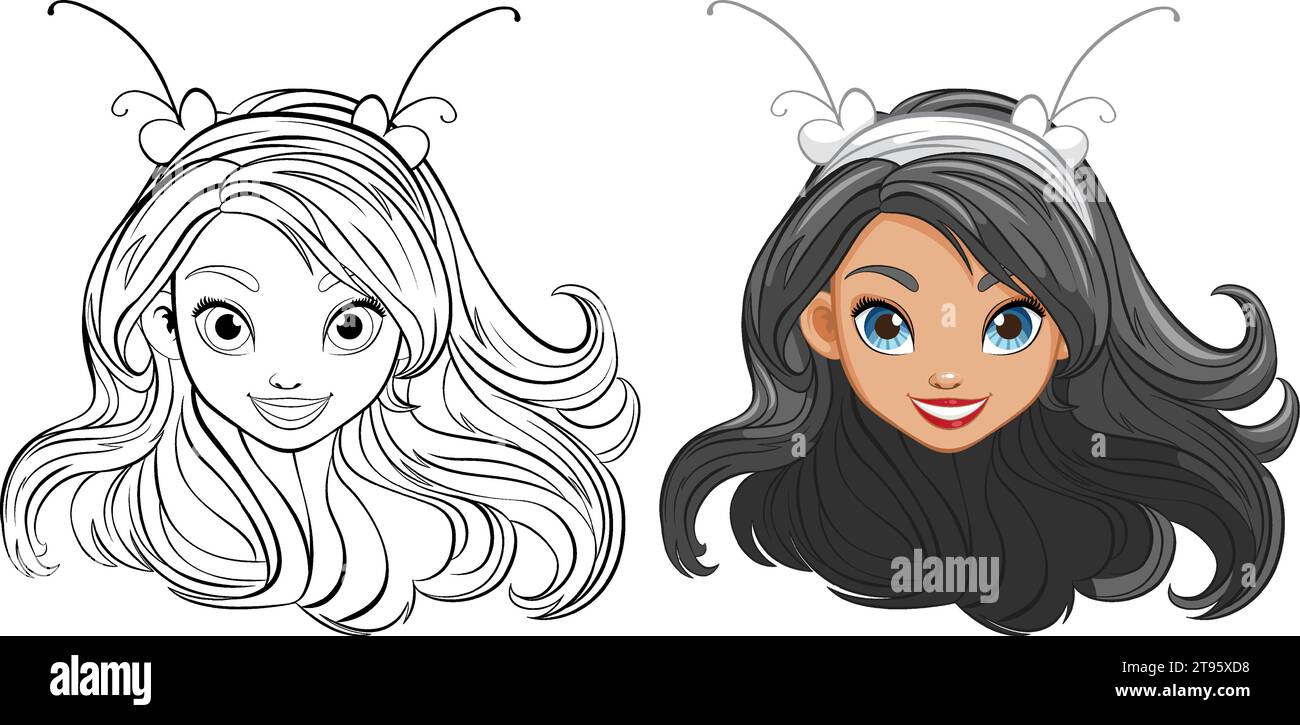 Vector cartoon illustration of a beautiful woman with long hair wearing ...