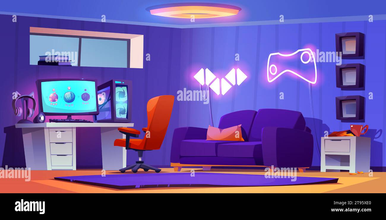 Game room interior for playing and streaming. Gamer setup with computer ...