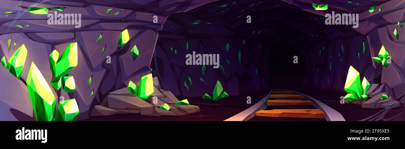 Mine cave with green precious materials in walls and railroad. Cartoon ...