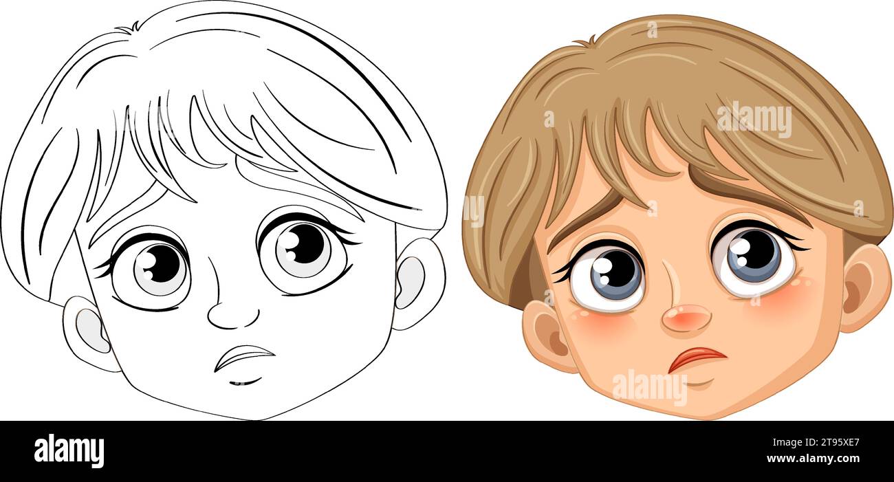 A vector cartoon illustration of a sad boy with a doodle outline ...