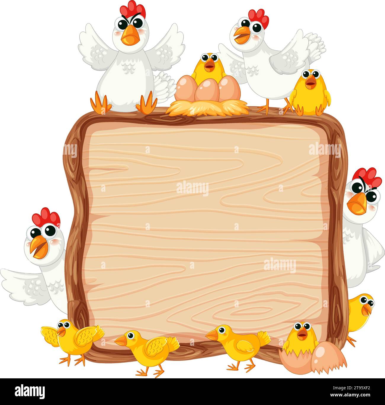 Vector cartoon illustration of hen, eggs, and chick on wooden board ...