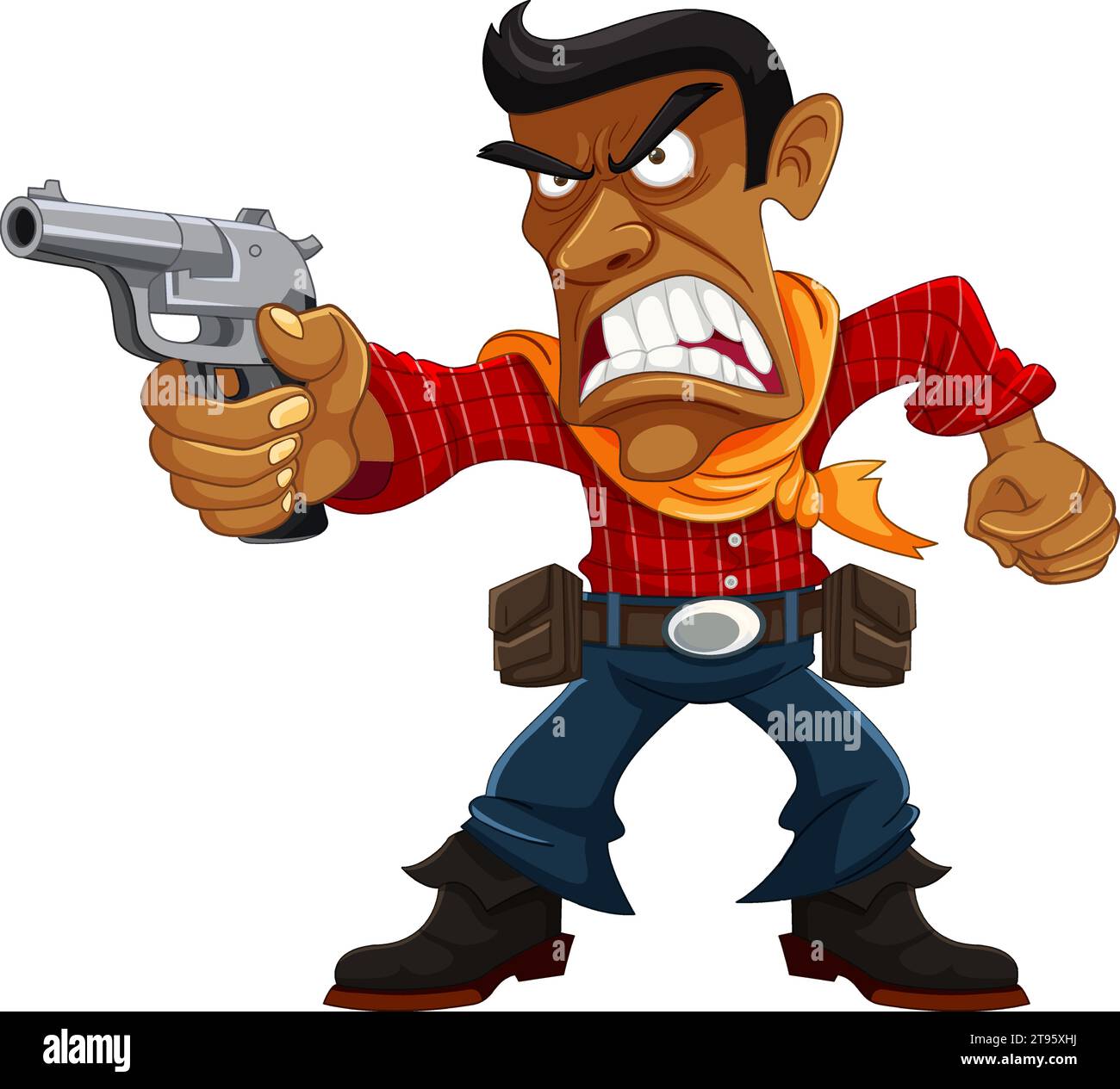 A furious cowboy with a firearm depicted in a cartoon vector ...