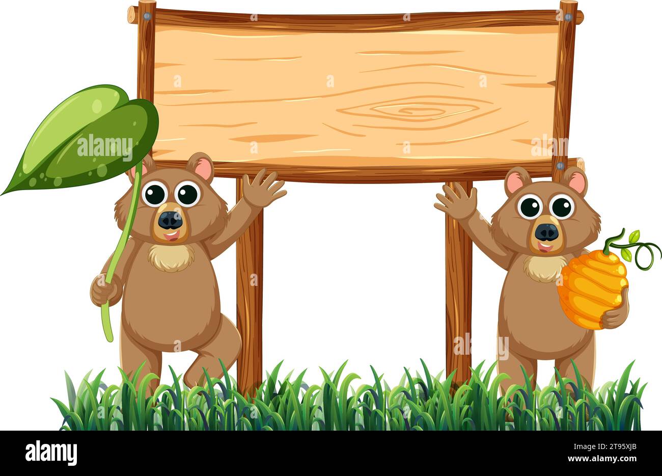 Vector cartoon illustration of couple bears standing at signboard frame ...