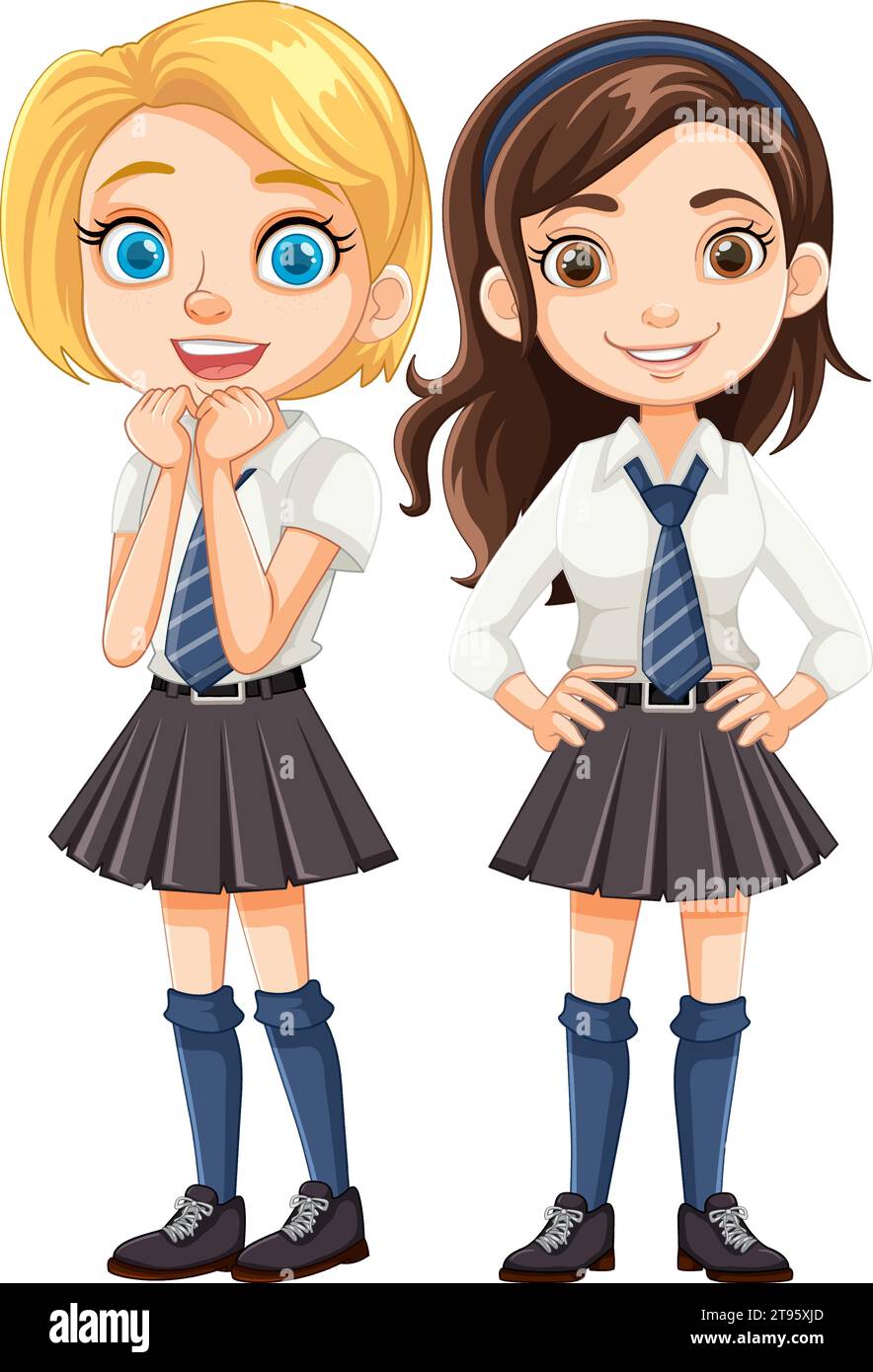 Adorable cartoon characters of two female friends in school uniform ...