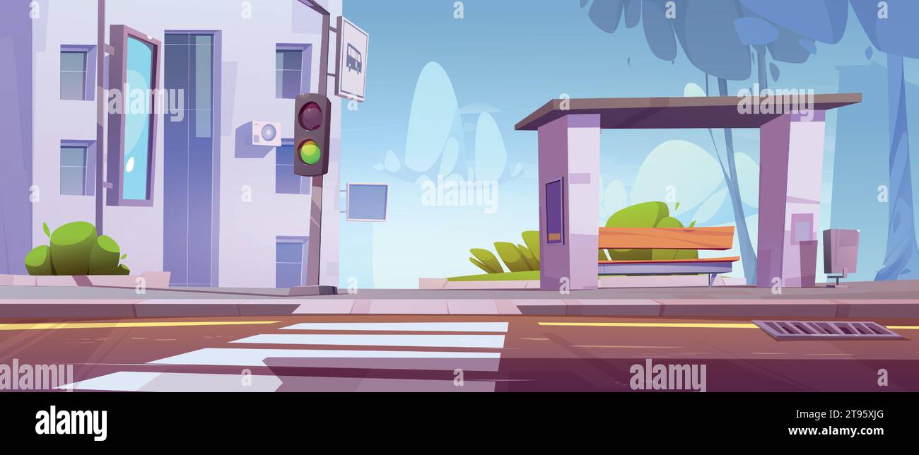 City street with bus stop bench and road crossing. Vector cartoon ...