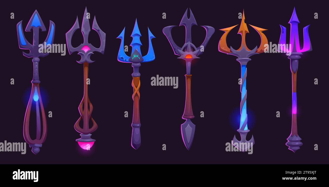 Magic trident staffs set isolated on black background. Vector cartoon ...