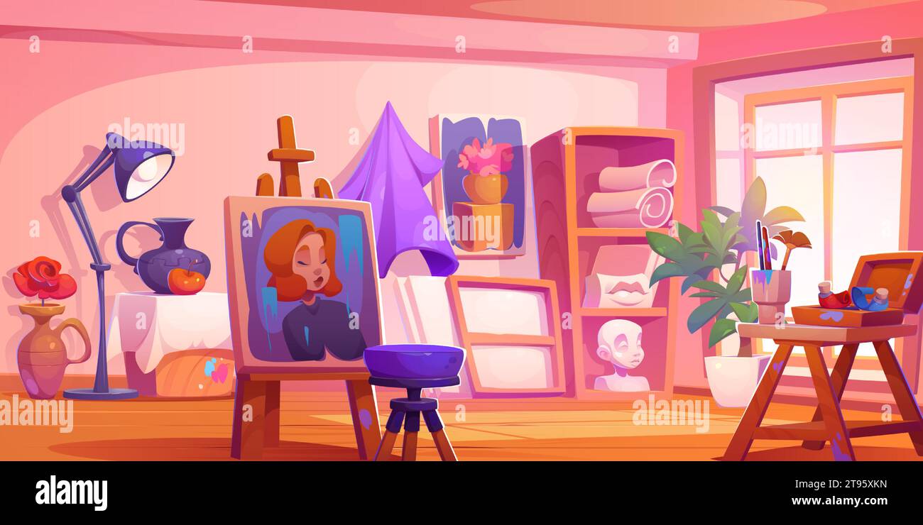 Art studio room interior with equipment. Vector cartoon illustration of ...