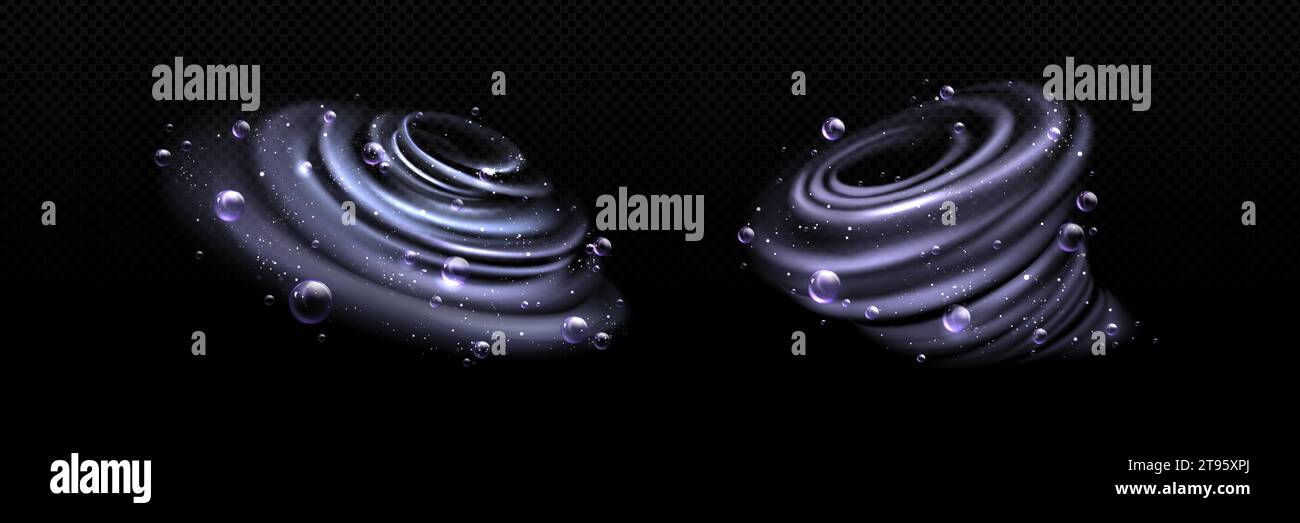 Water swirl with bubbles. Realistic vector set of vortex with detergent ...