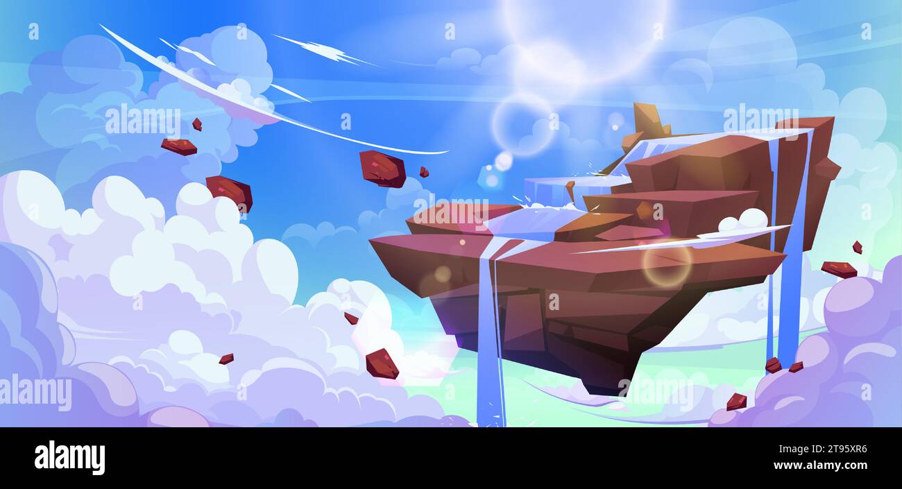 Rocky island with waterfall floating in sky. Vector cartoon ...