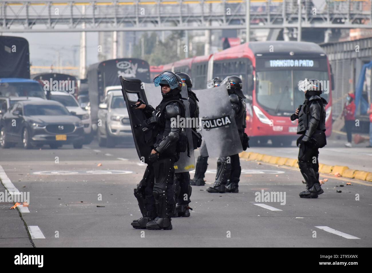 Bogota, Colombia. 21st Nov, 2023. Demonstrators take part in clashes at ...