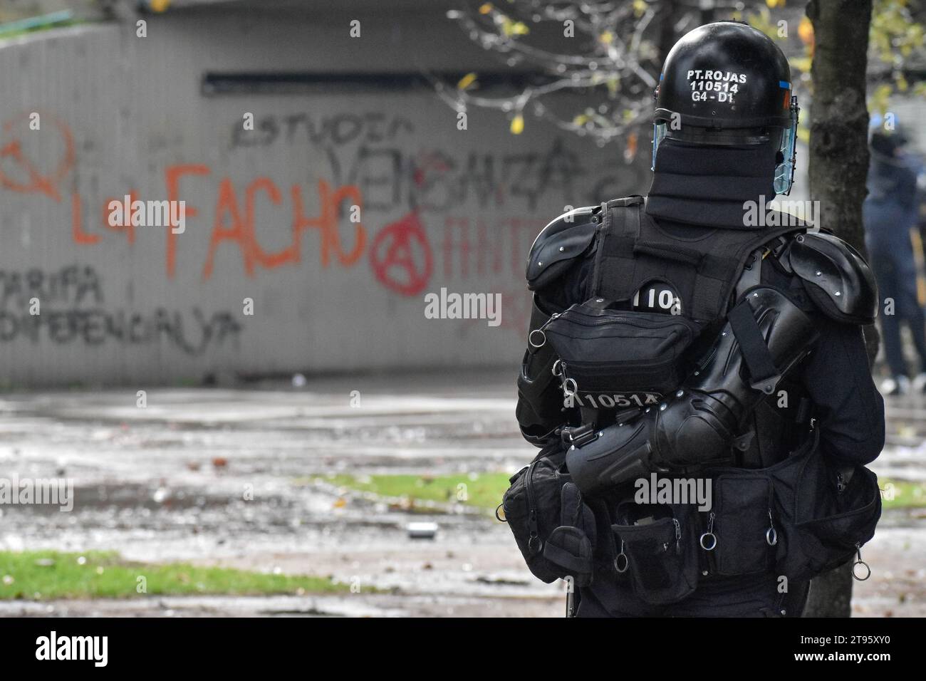 Bogota, Colombia. 21st Nov, 2023. Demonstrators take part in clashes at ...