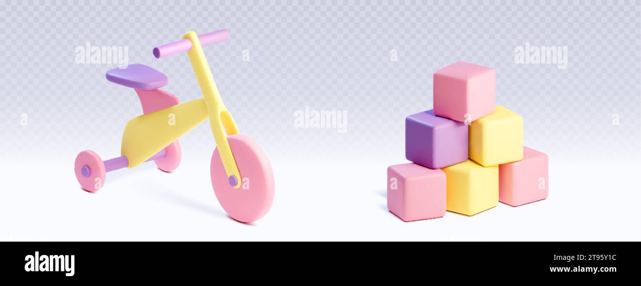 3D tricycle and stack of color cubes isolated on transparent background ...