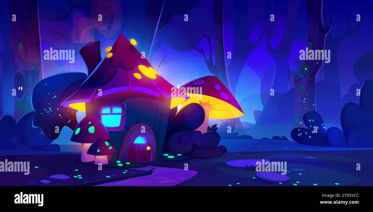 Gnome mushroom house in night forest. Vector cartoon illustration of ...