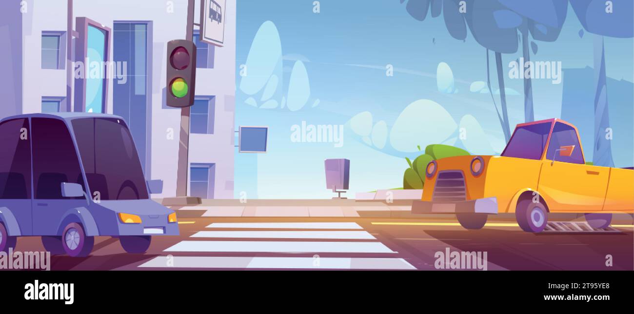 Cars driving city street with green traffic light on road crossing ...