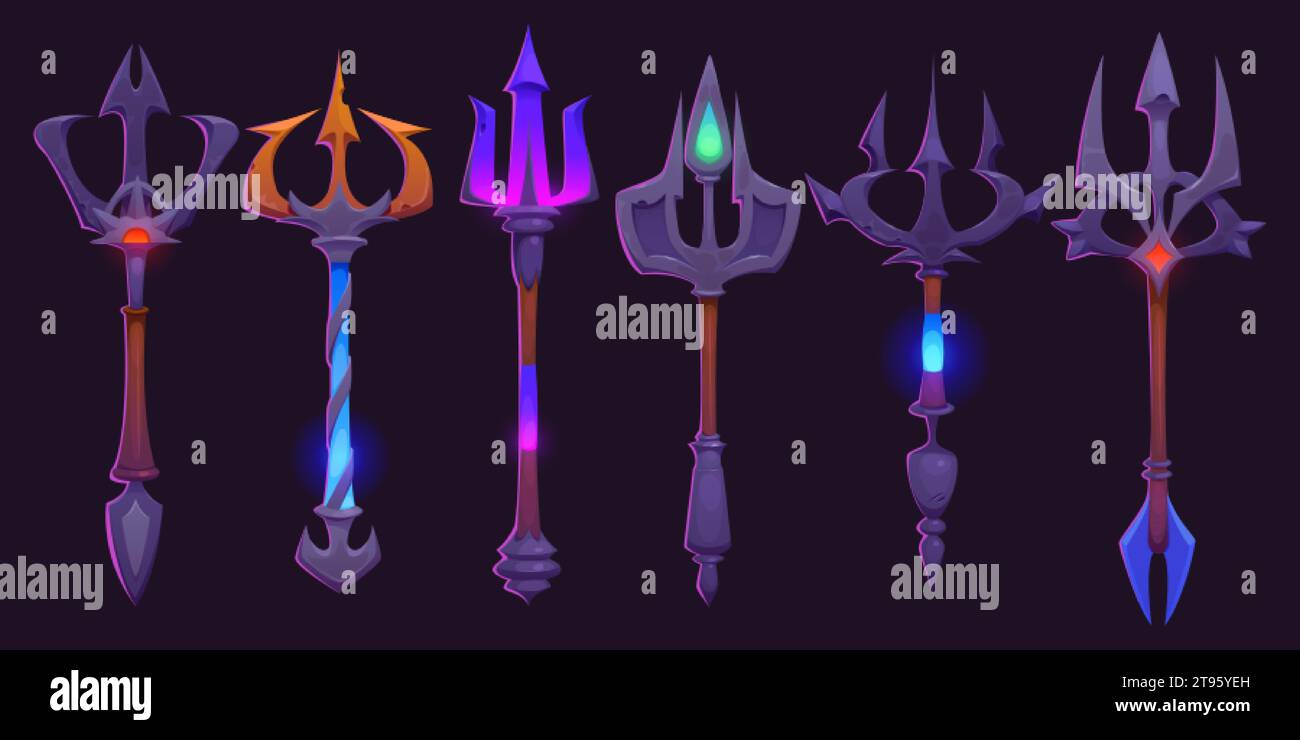 Magic trident staffs set isolated on black background. Vector cartoon ...