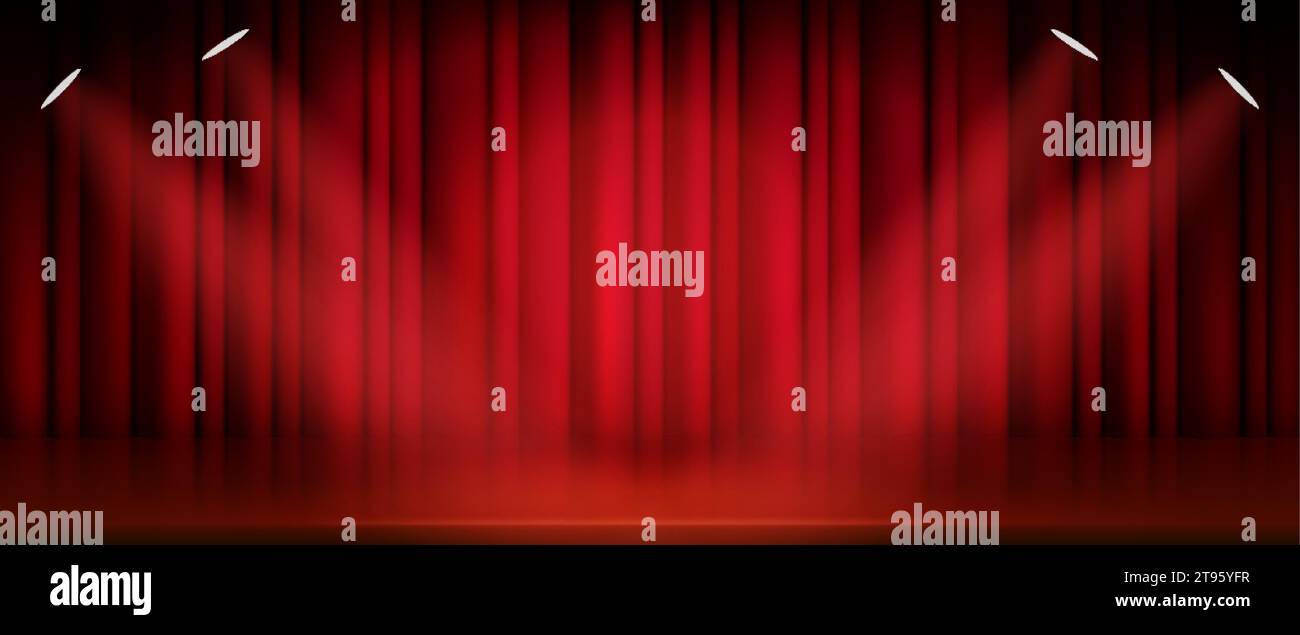 Theater or cinema stage with closed red curtain and soffit with ...