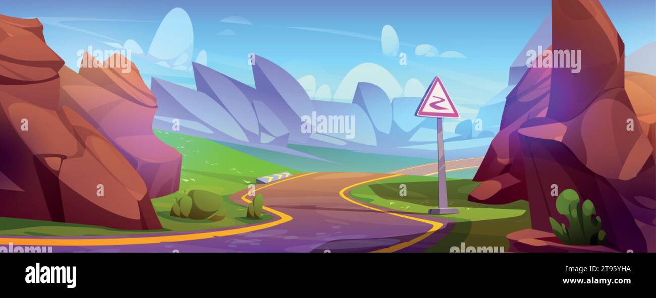 Empty winding road in mountains with green grass, traffic sign and ...