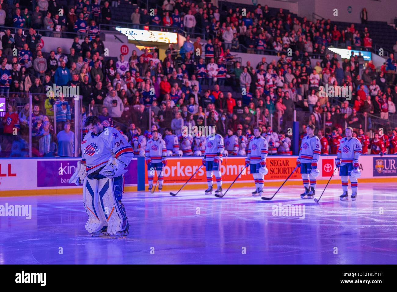 Rochester, New York, USA. 25th Nov, 2023. Rochester Americans goaltender Dustin Tokarski (34 ...