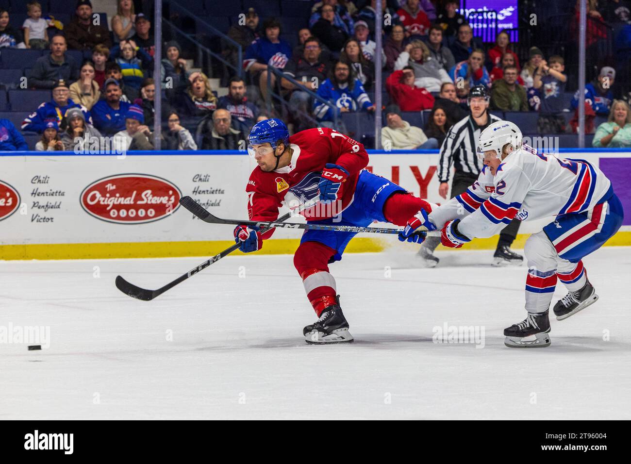 Rochester, New York, USA. 25th Nov, 2023. Laval Rocket forward Nathan Lagare (17) takes a shot ...
