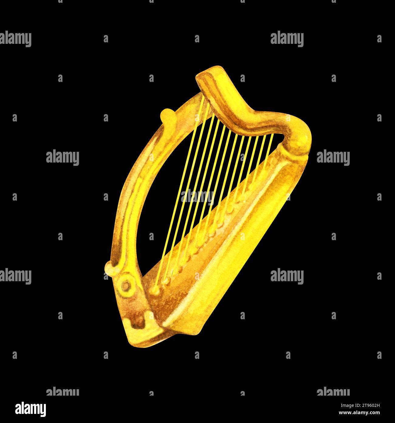 Watercolor golden magical Celtic harp with strings for St. Patrick's ...