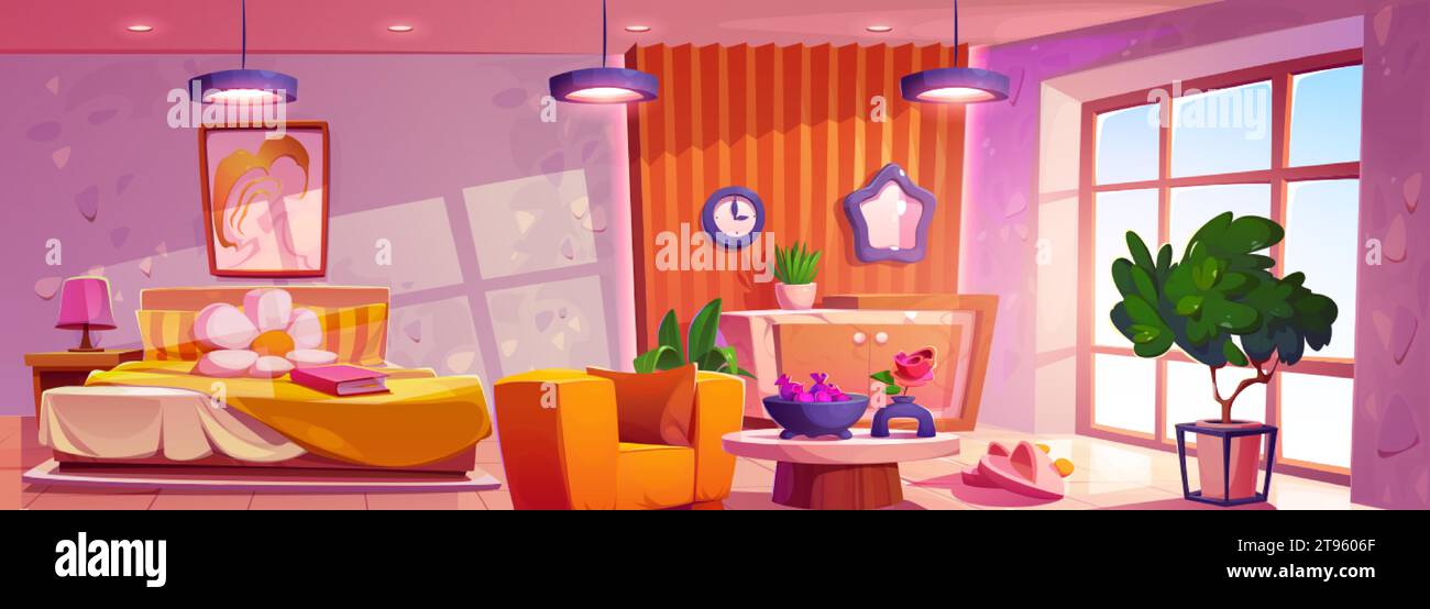 Girly bedroom interior with furniture and large window. Vector cartoon ...