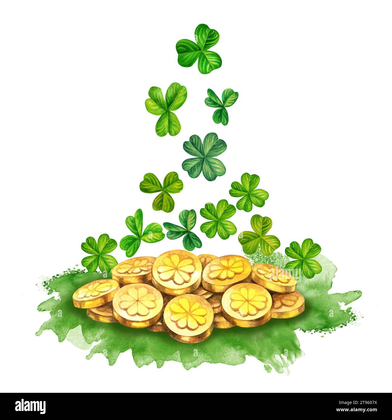 Watercolor gold coins and green shamrocks for illustration of jSt ...