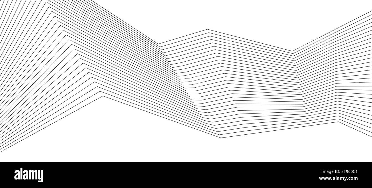 Black curved refracted geometric lines tech background. Abstract grey monochrome minimal vector ...