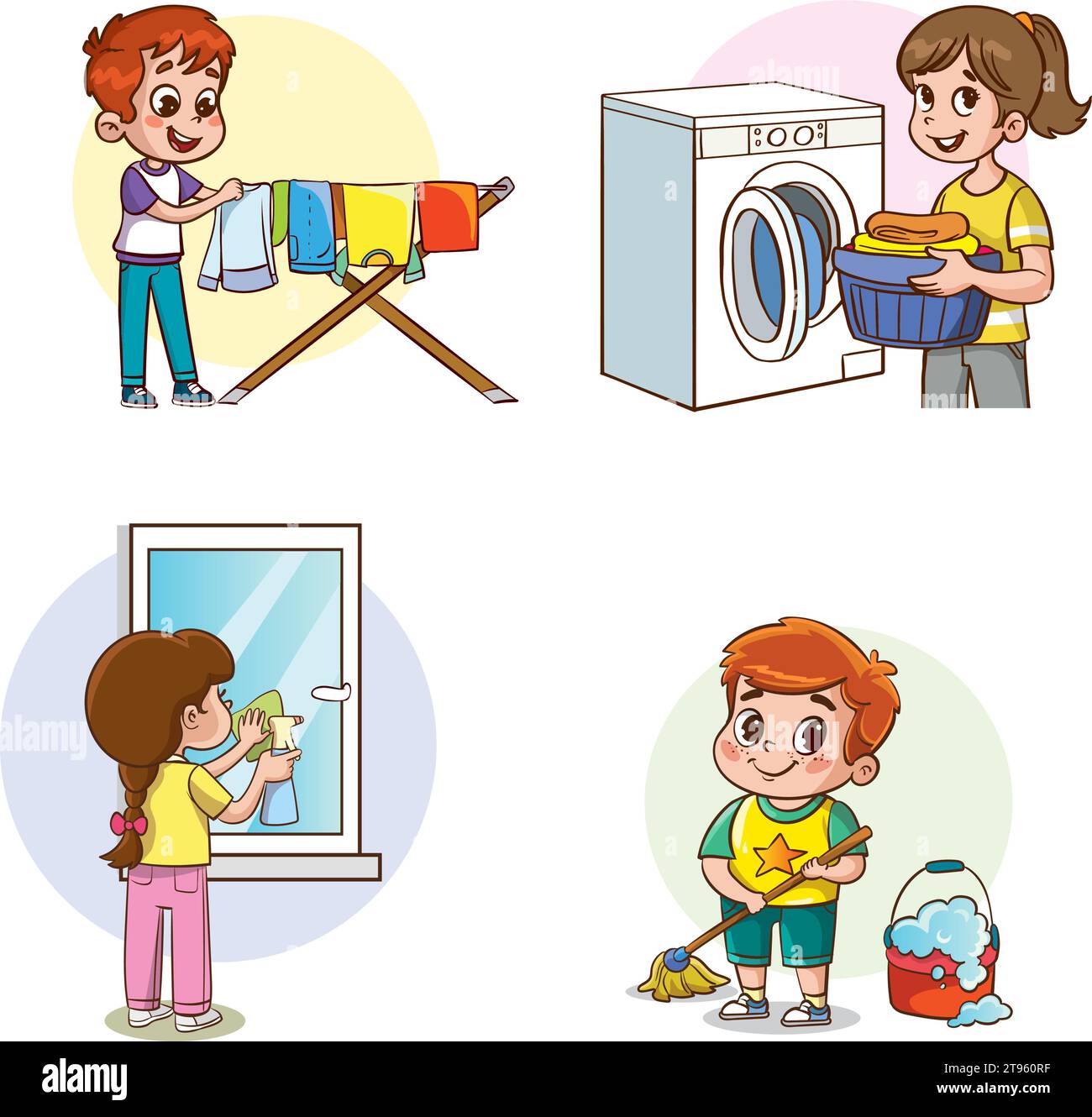 Family housework. Parents and kids clean up house cartooon vector Stock ...