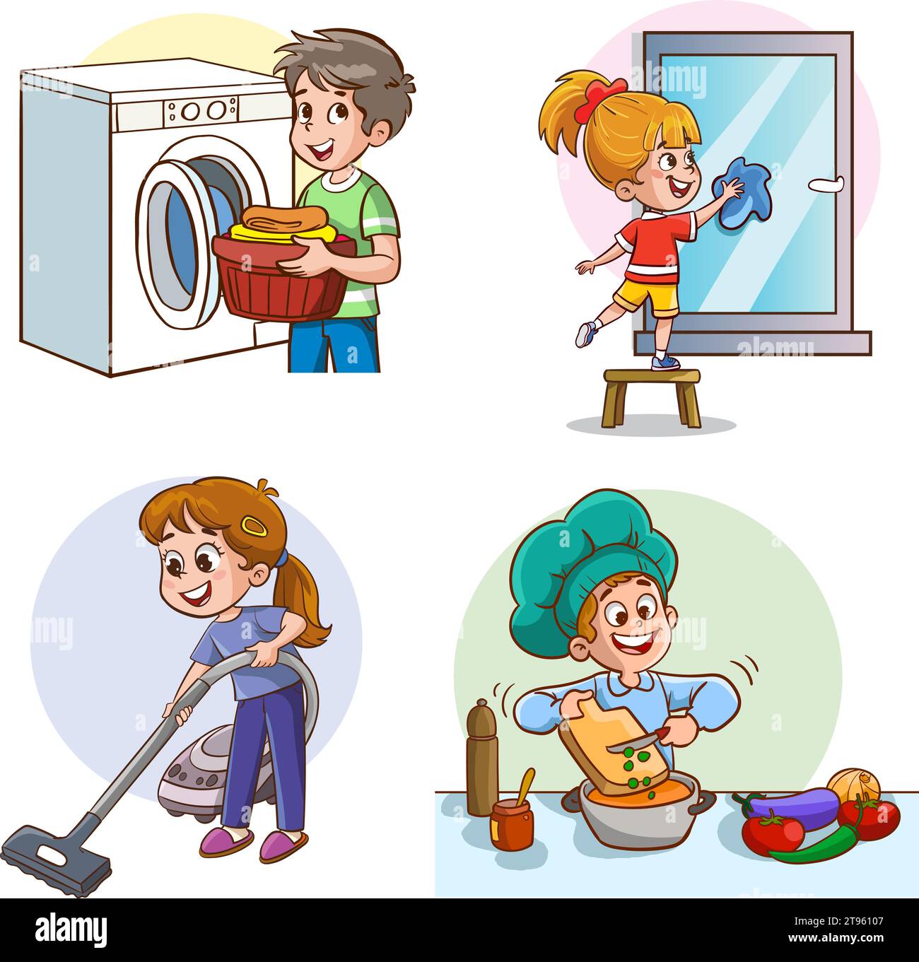 Family housework. Parents and kids clean up house cartooon vector Stock ...