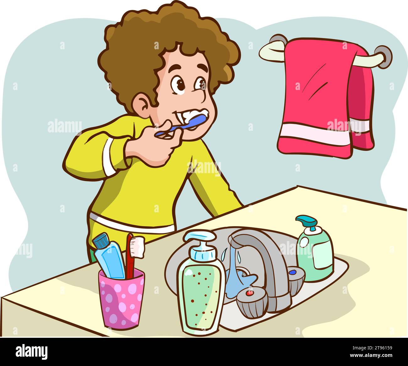 Vector illustration of cute little children brushing his teeth Stock ...