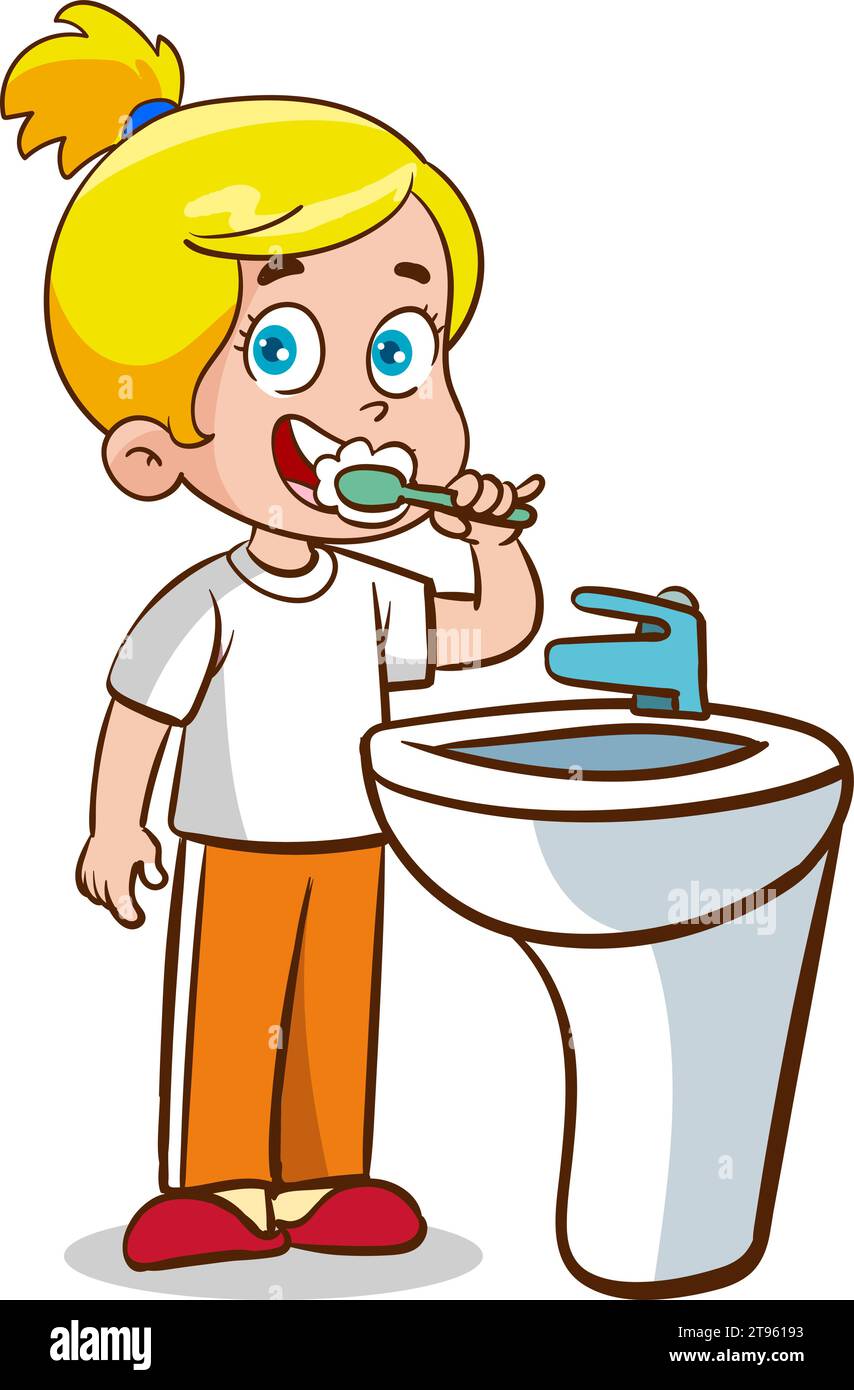 Vector illustration of cute little children brushing his teeth Stock ...