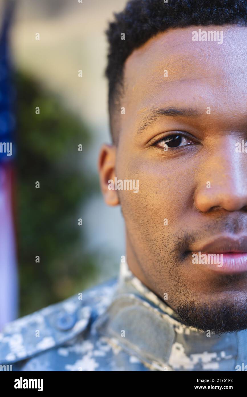 African american male soldier face close up, copy space Stock Photo - Alamy
