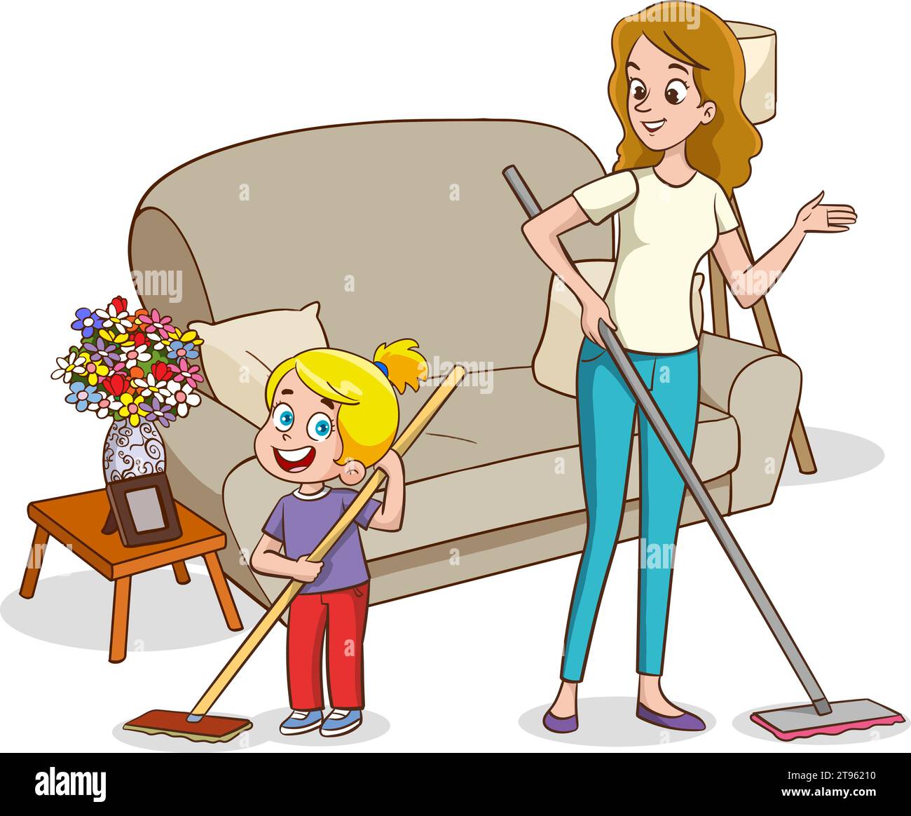 Family housework. Parents and kids clean up house cartooon vector Stock ...
