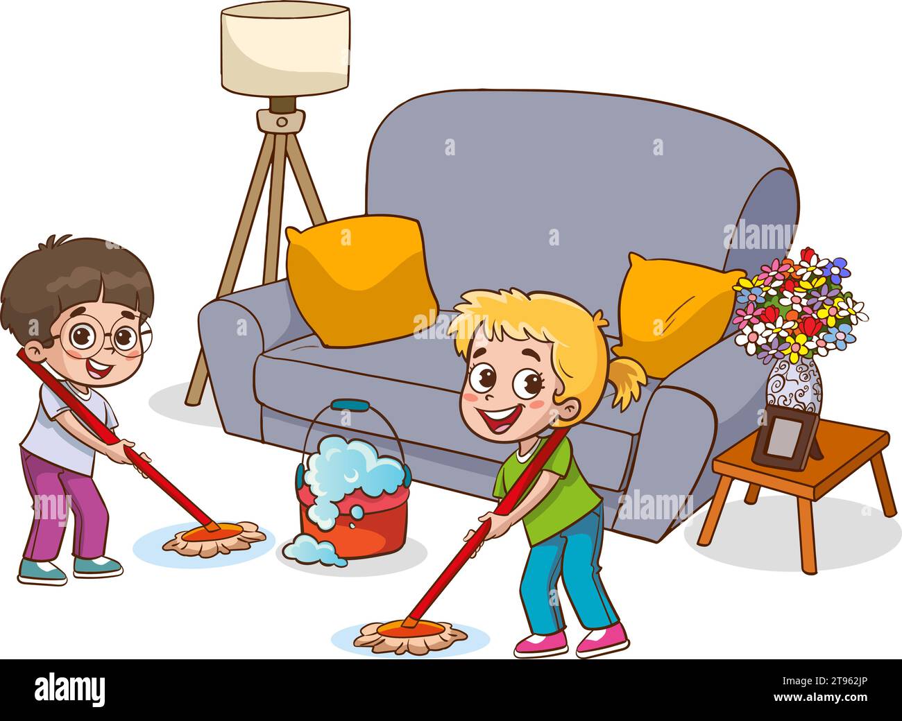 Family housework. Parents and kids clean up house cartooon vector Stock ...