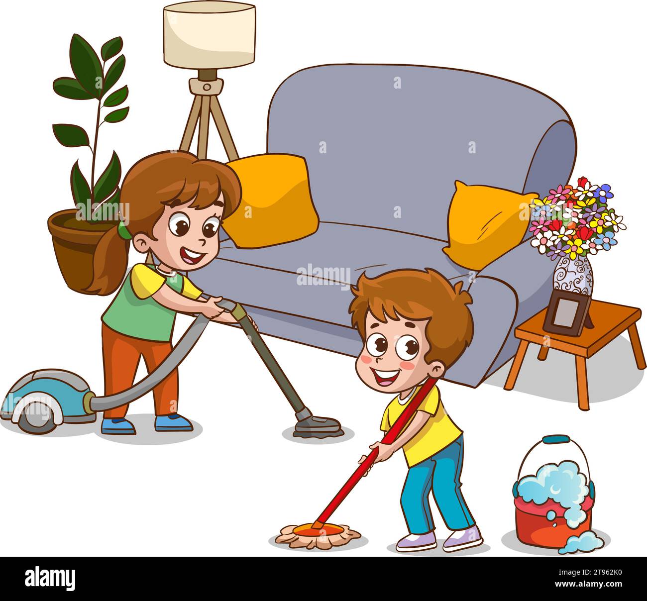 Family housework. Parents and kids clean up house cartooon vector Stock ...