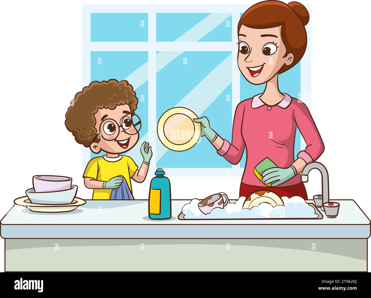 Family housework. Parents and kids clean up house cartooon vector Stock ...