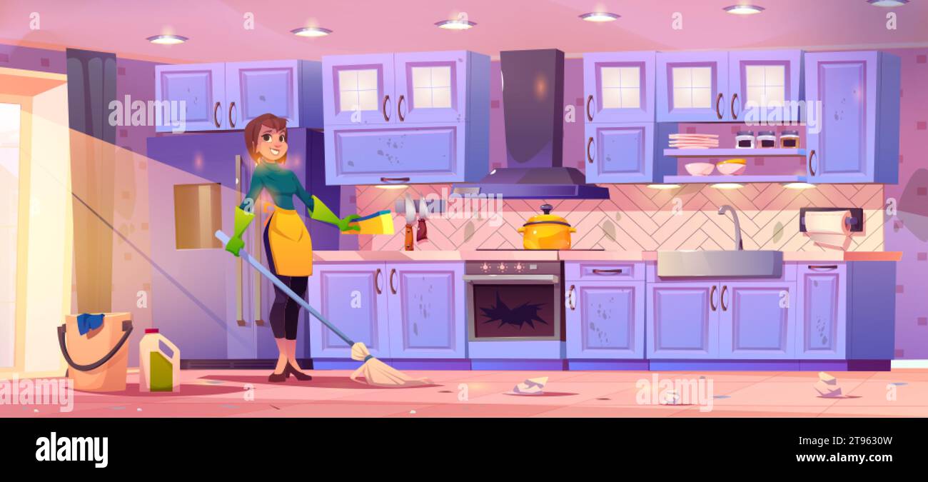 Housewife cleaning messy kitchen. Vector cartoon illustration of ...