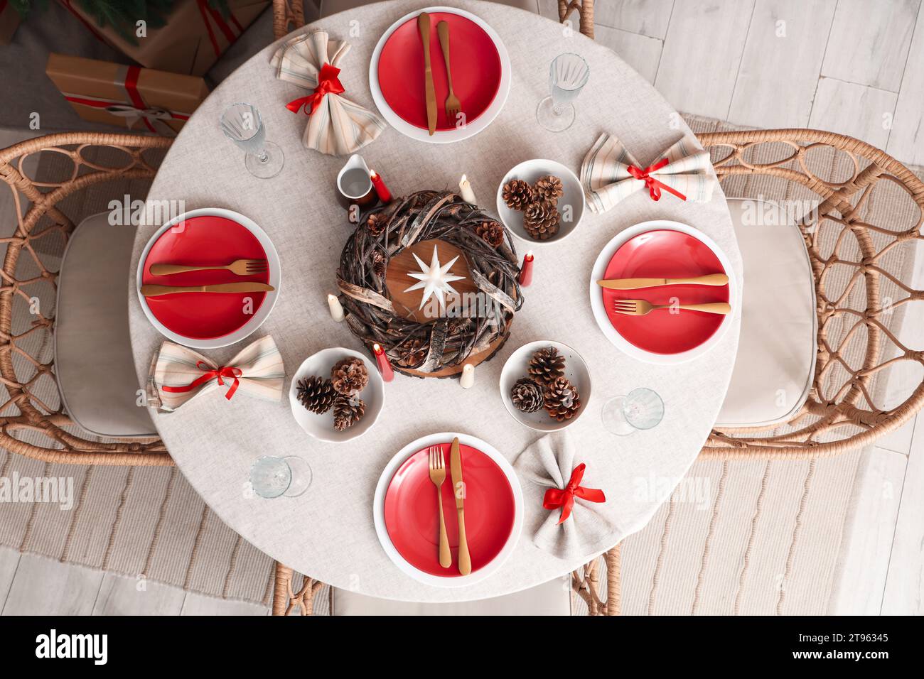 Dining table with Christmas setting in room, top view Stock Photo - Alamy