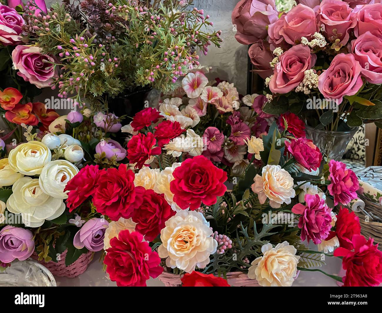 many beautiful flowers roses peonies carnations as background Stock ...
