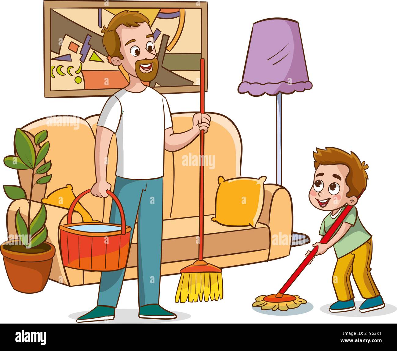 Family housework. Parents and kids clean up house cartooon vector Stock ...