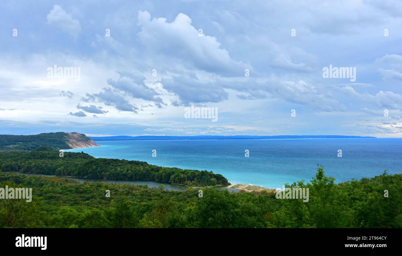 turquoise colored water of lake michigan and sand dunes from the north ...