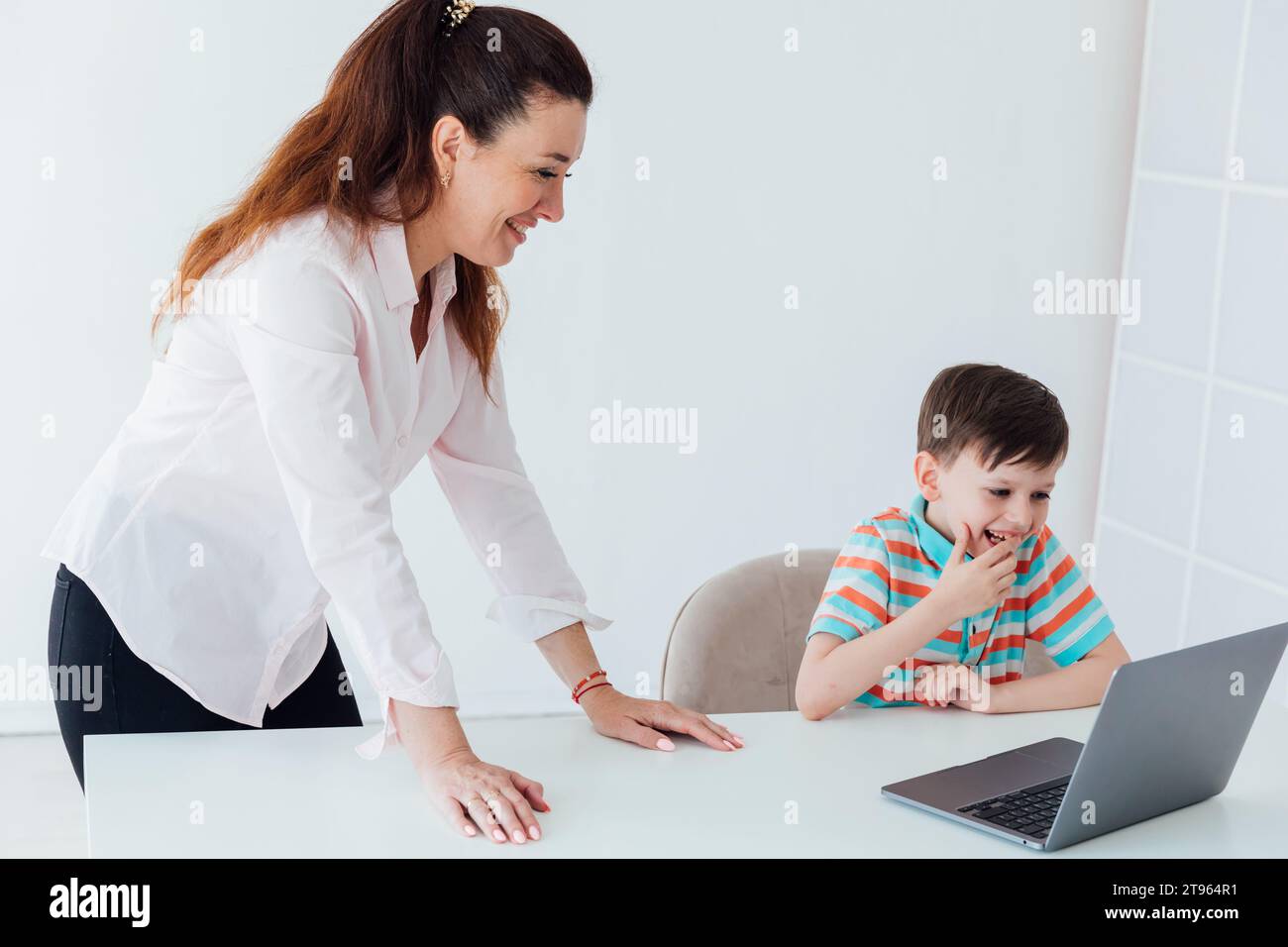 Female teacher teaching boy to use computer Stock Photo - Alamy