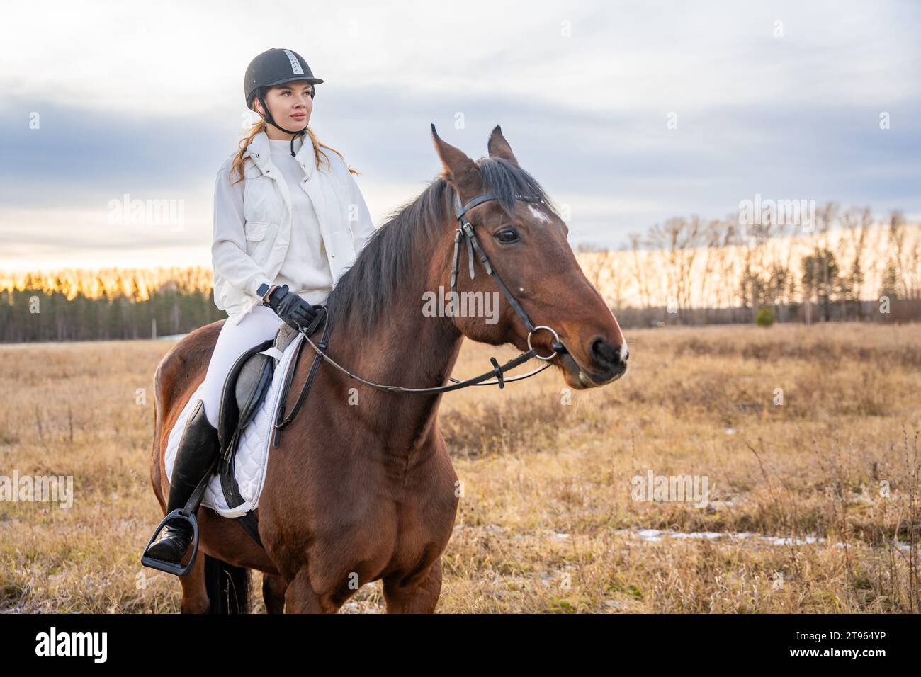 Beautiful blond professional female jockey riding a horse in field in ...